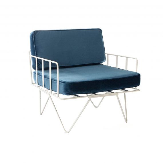 Wire Arm Chair w/ Navy Blue Velvet Cushions | Lounge Furniture Sydney